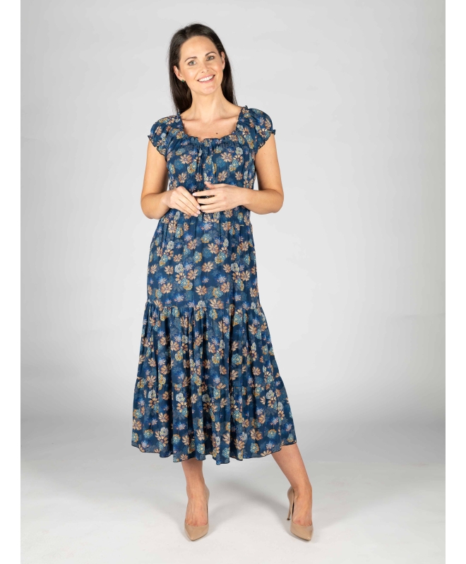 PRINTED GATHERED NECKLINE DRESS