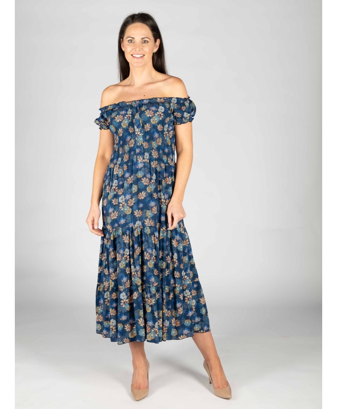 PRINTED GATHERED NECKLINE DRESS